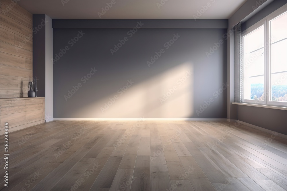 an empty room with a wooden floor and a window with a bright light ...