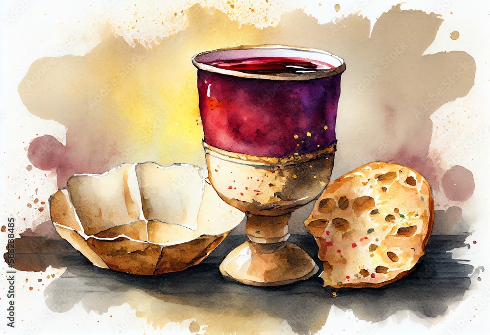 Watercolor Illustration of a Cup And Bread Catholic Communion Based On ...