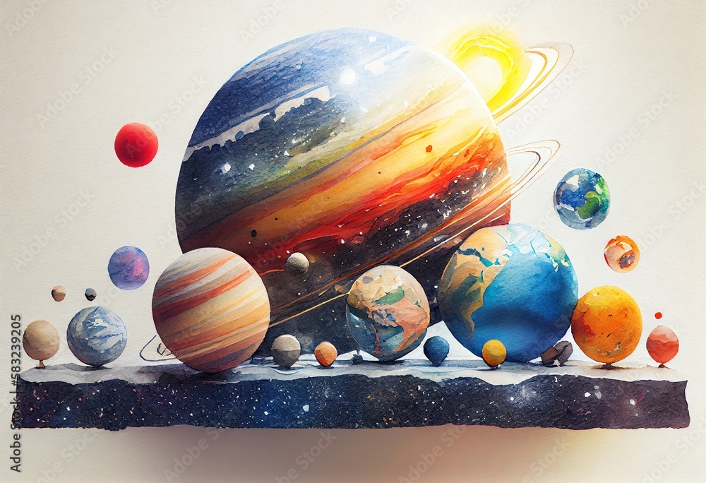 Watercolor Illustration of a Model Of The Solar System With Cinematic ...