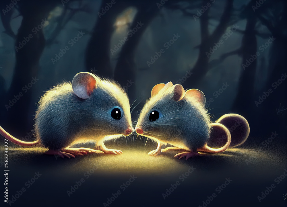 two mice in the night, 2 adorable mice in a jungle loving each other ...