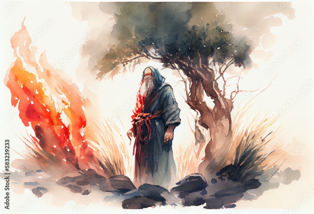 Watercolor Illustration of a Moses And The Burning Bush Painting ...