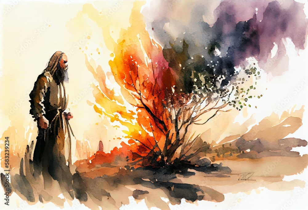 Watercolor Illustration of a Moses And The Burning Bush Painting ...