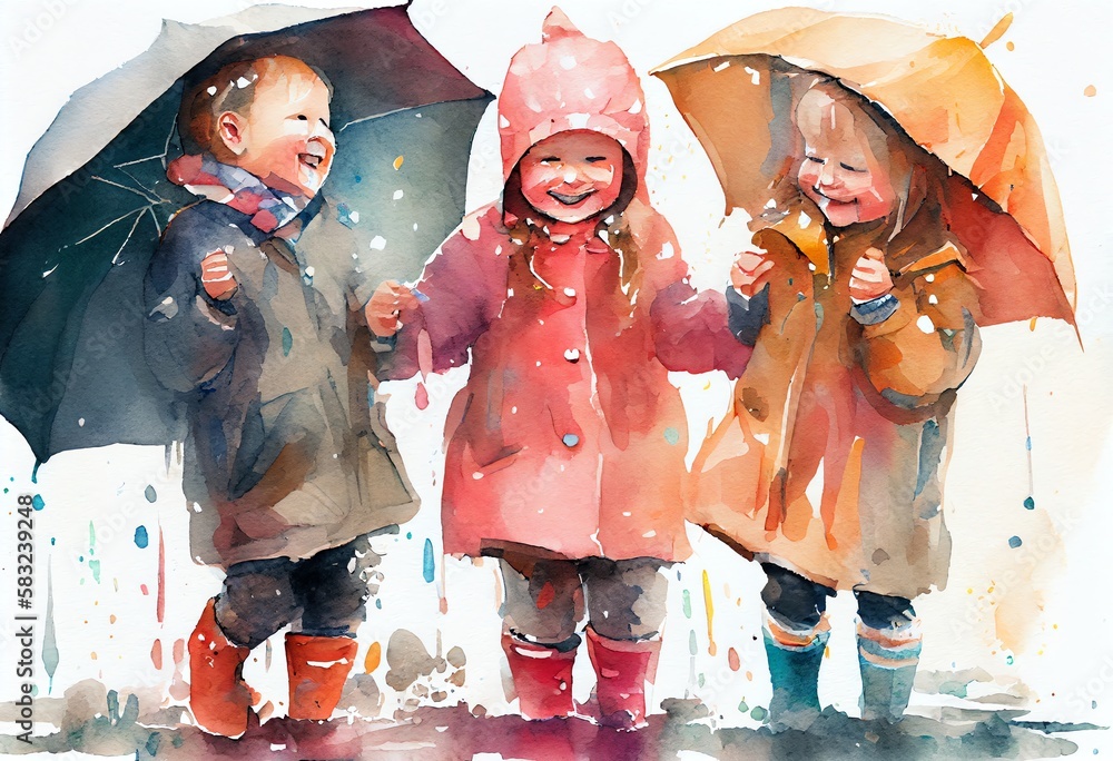 Watercolor Illustration of a Of Happy Kids Playing In Rain Puddles ...