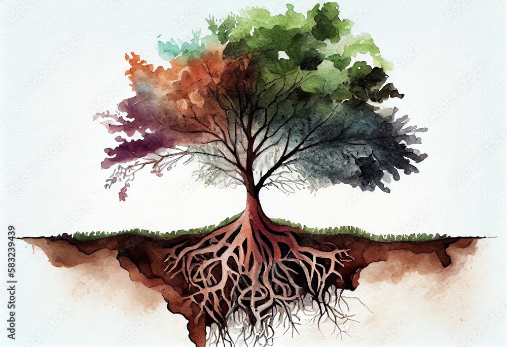 Watercolor Illustration of a Root System Of A Tree Growing Underground ...