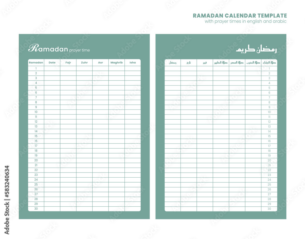 Ramadan prayer schedule in English and Arabic in green color. Vector ...