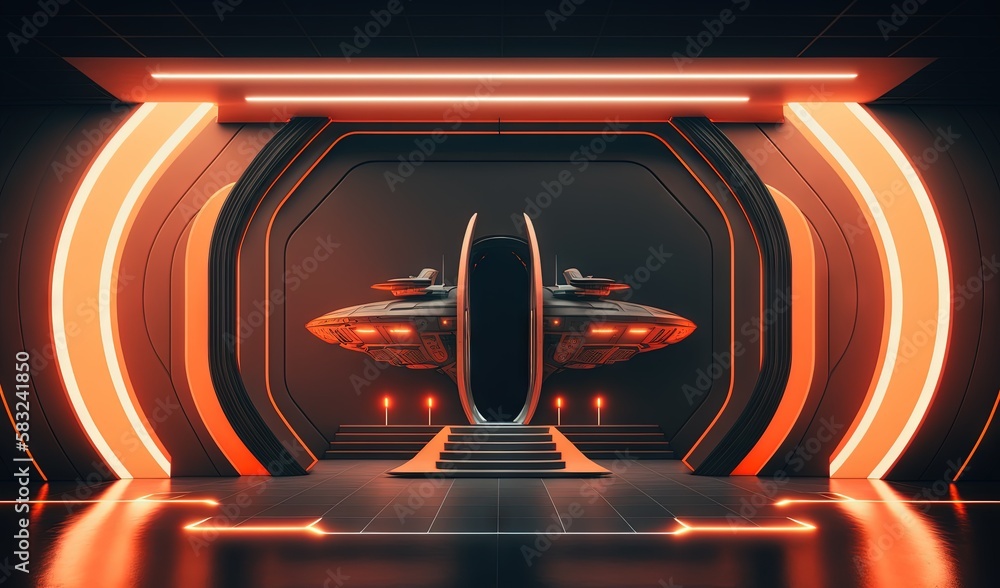 a futuristic sci - fi scene with a spaceship and a ramp leading to ...