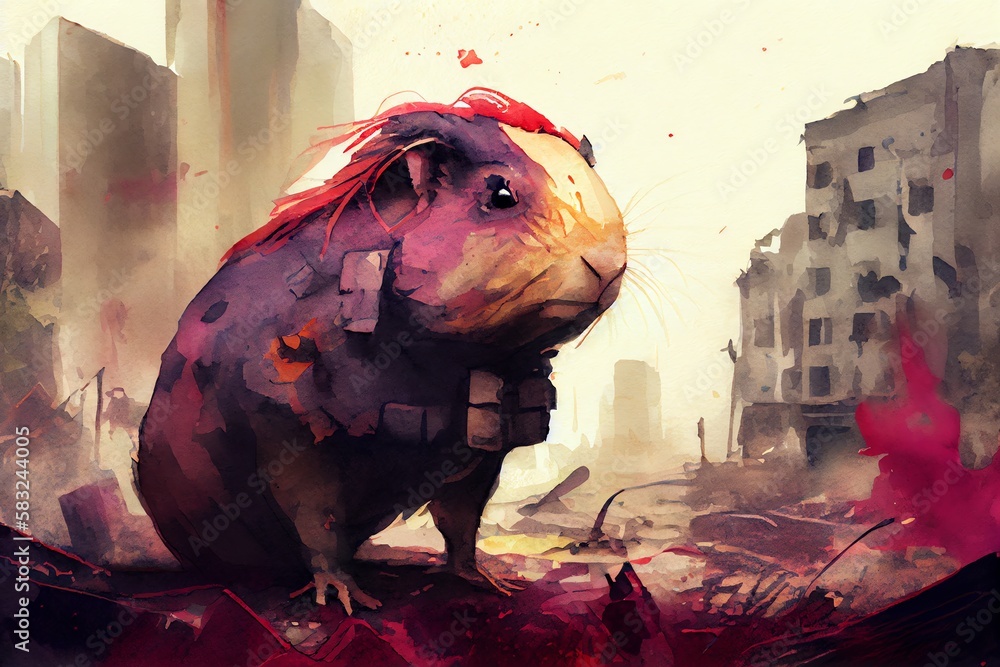 Watercolor Illustration Of A Giant Guinea Pig Monster Covered In Blood Watercolor Illustration Of A Giant Guinea Pig Monster Covered In Blood