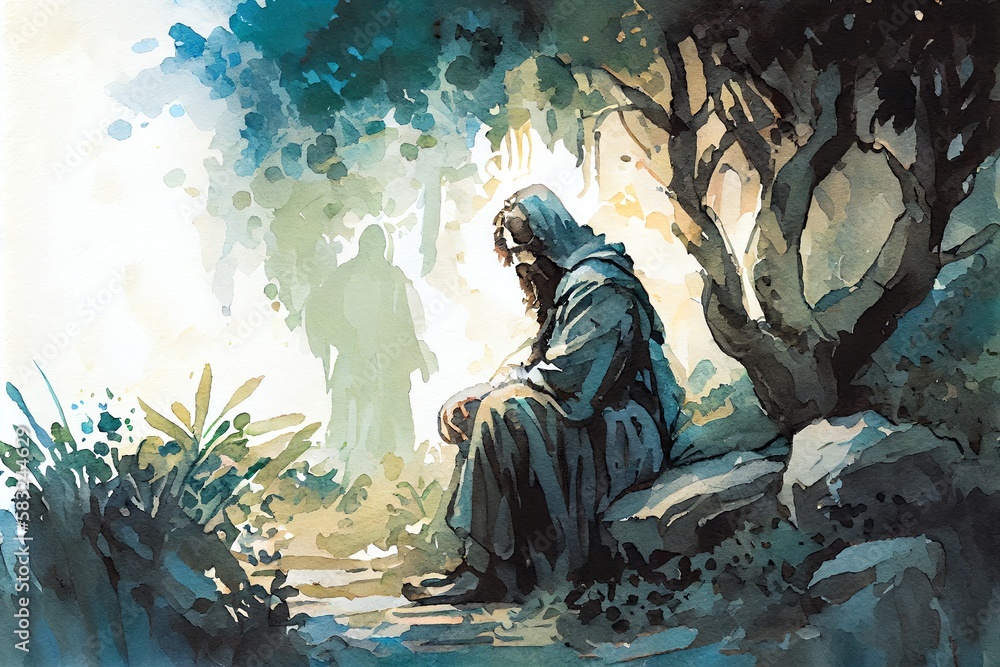 Watercolor Illustration of a Jesus Christ Praying In The Garden Of ...