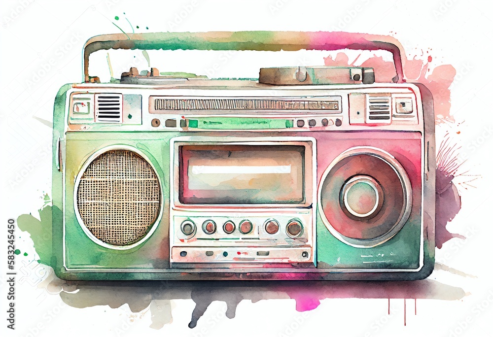 Watercolor Illustration of a Retro Radio Stereo Boombox System Design ...