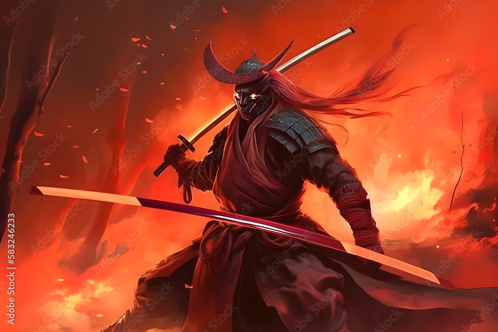 samuai with flames and red background (ai generated) Stock Illustration ...