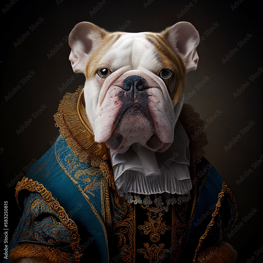 Realistic lifelike glam bulldog dog doggy pup in baroque noble regal ...