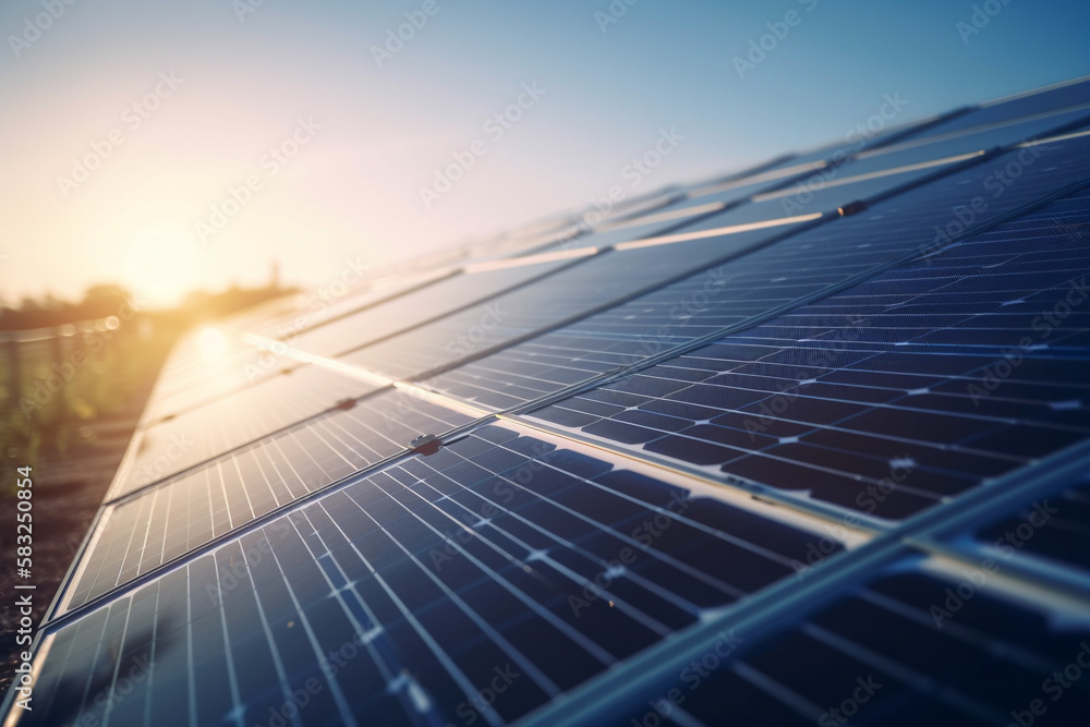 solar panels, close up, sky with sun and clouds, renewable energy ...