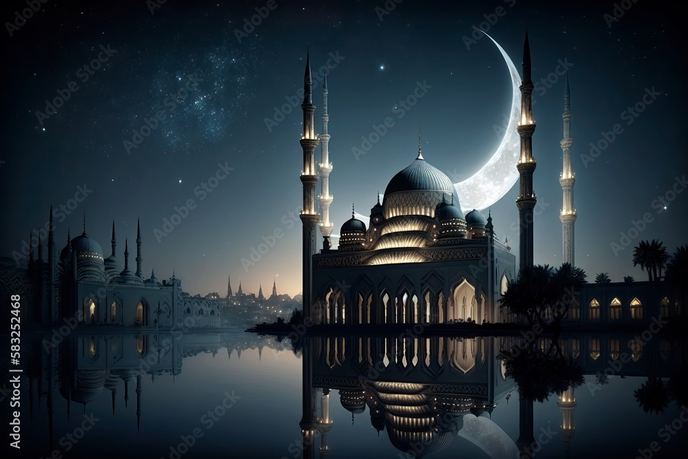 Mosque and crescent moon on starry night sky, Ramadan celebration and ...