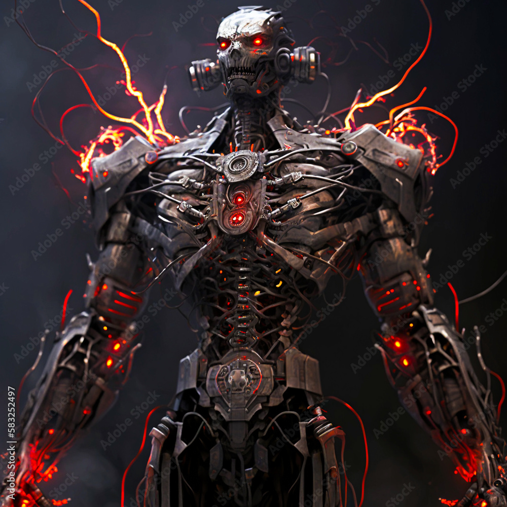 Cybernetic robot with metal mechanisms instead of muscles, details of ...