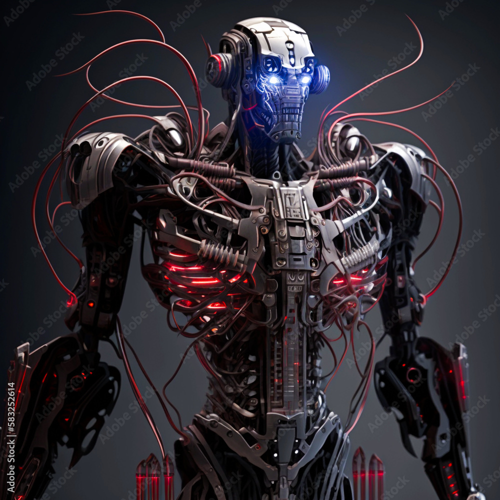 Cybernetic robot with metal mechanisms instead of muscles, details of ...