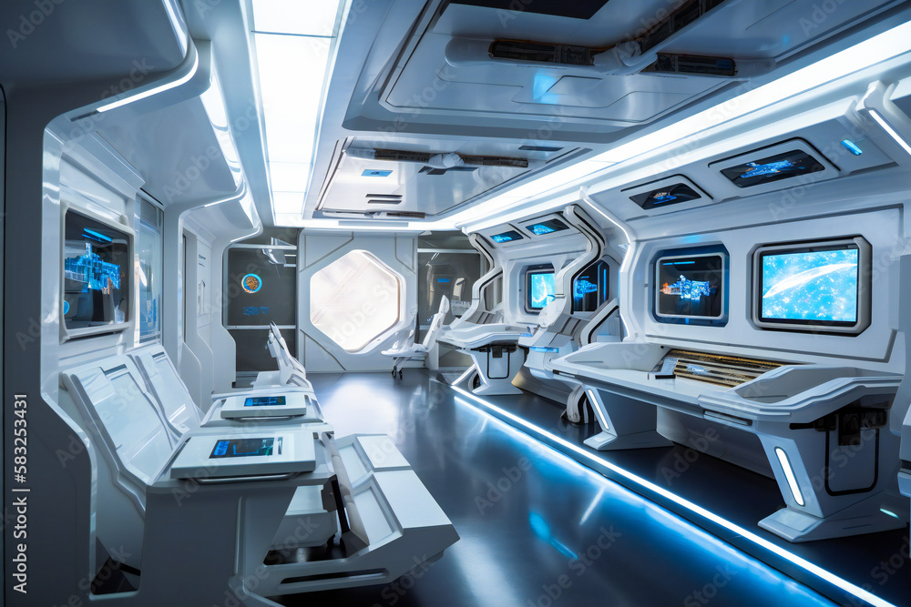Interior of a futuristic control room of a space ship. Created with ...