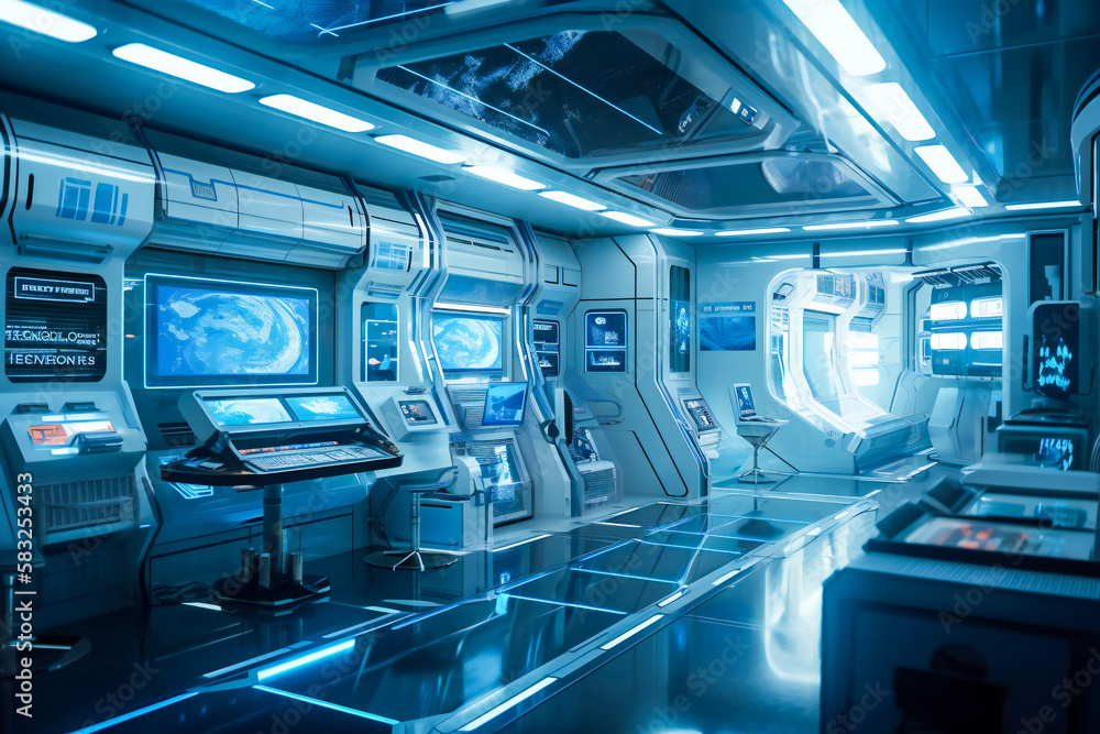 Interior of a futuristic control room of a space ship. Created with ...