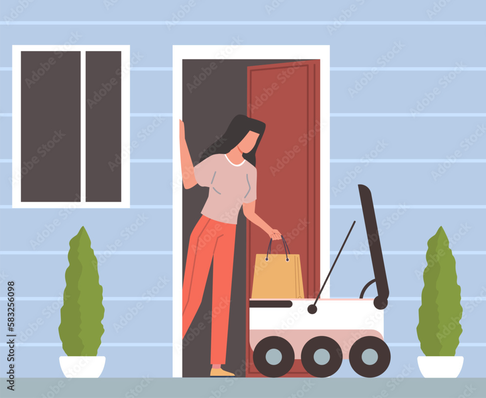 Modern delivery method, woman takes goods out of fast self delivery ...