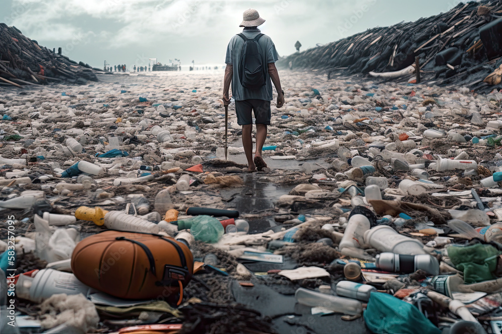 Generative Illustration AI of a person walking on a beach contaminated ...