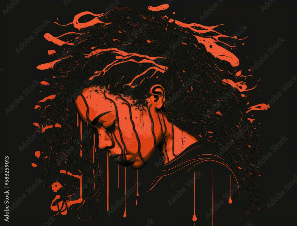 A side profile of a black woman her eyes closed and her face contorted ...