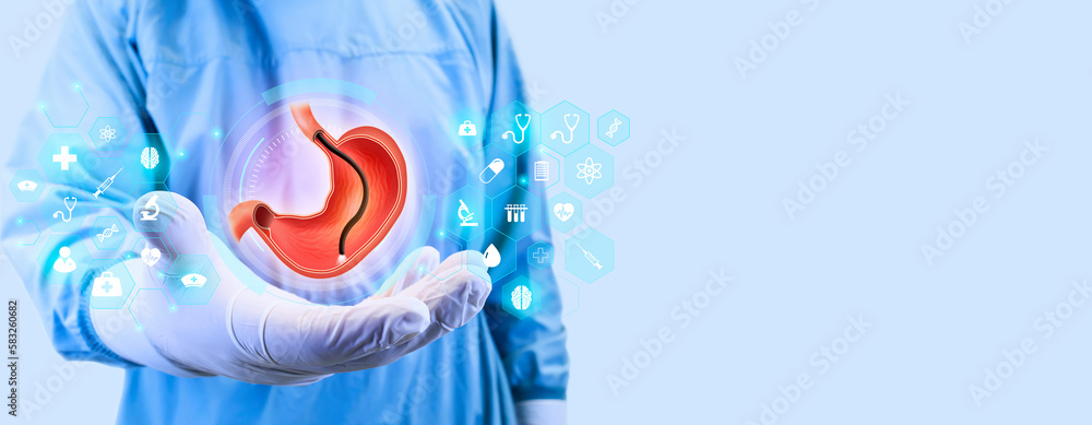 Endoscopic biopsy, esophagogastroduodenoscopy, EGD. Human stomach ...