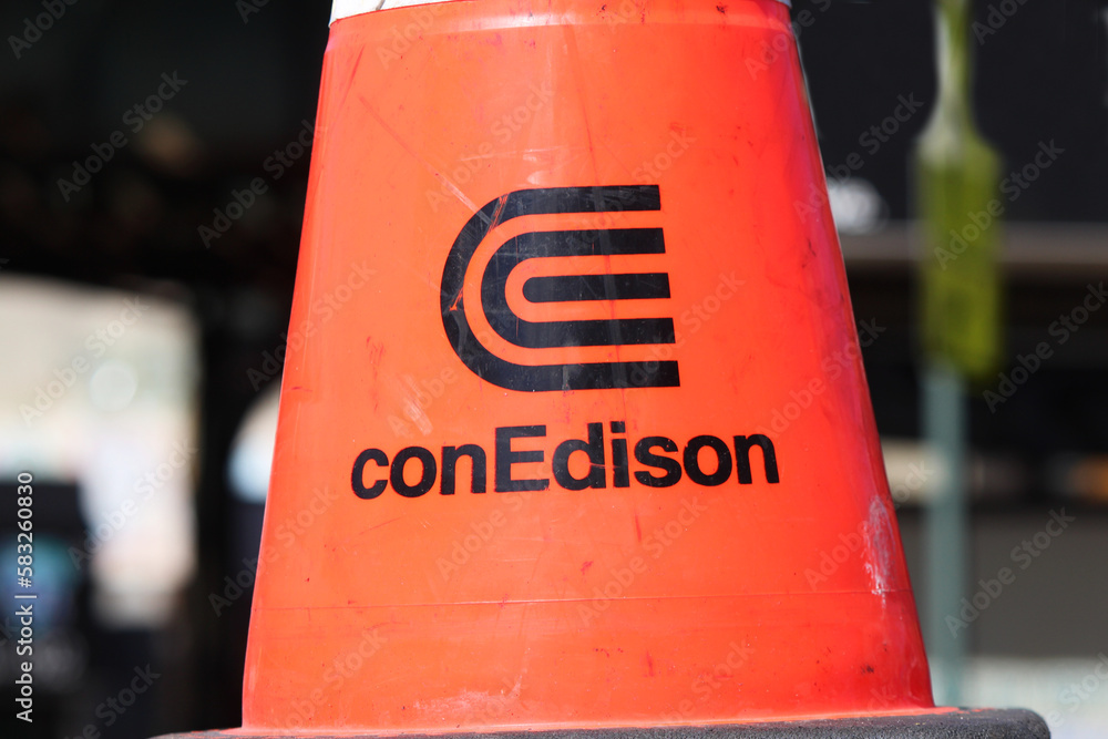 New York, NY - March 19, 2023: Orange construction cone with gas and ...