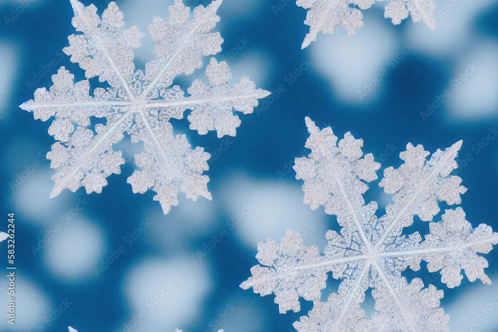 Seamless texture of big white snowflake close up in blue ice background ...