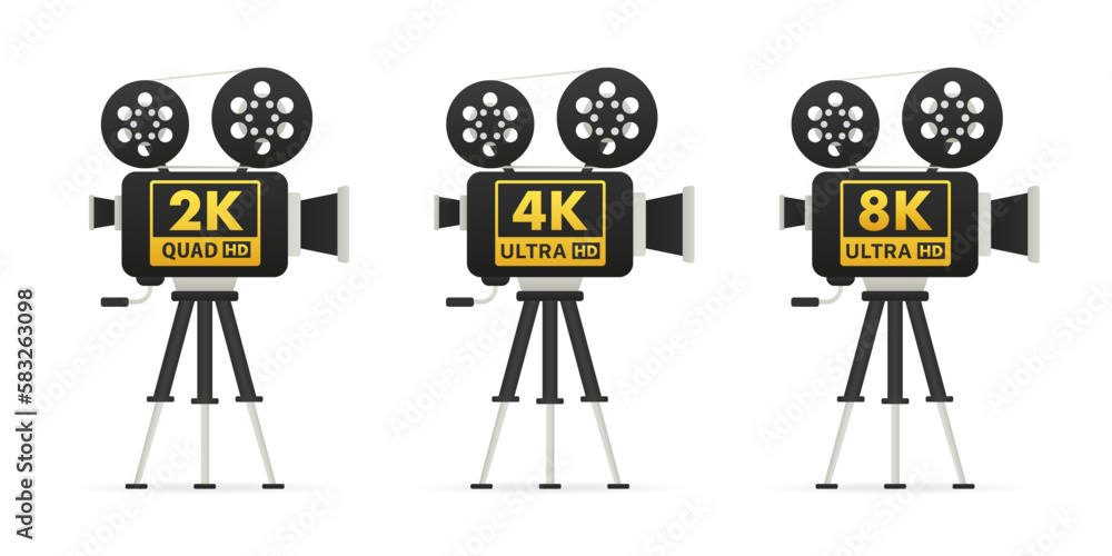 Set Camera for movies. 8k Ultra Hd icon, 4k Ultra Hd, 2k quad Hd ...