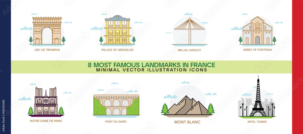 8 Most Famous Landmarks in France minimal vector illustration icons ...
