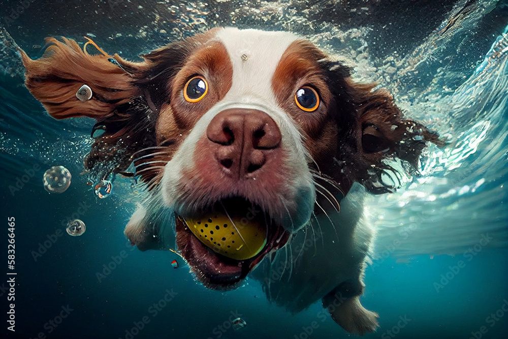 Playful puppy in swimming pool has fun. Dog jump, dive underwater to ...