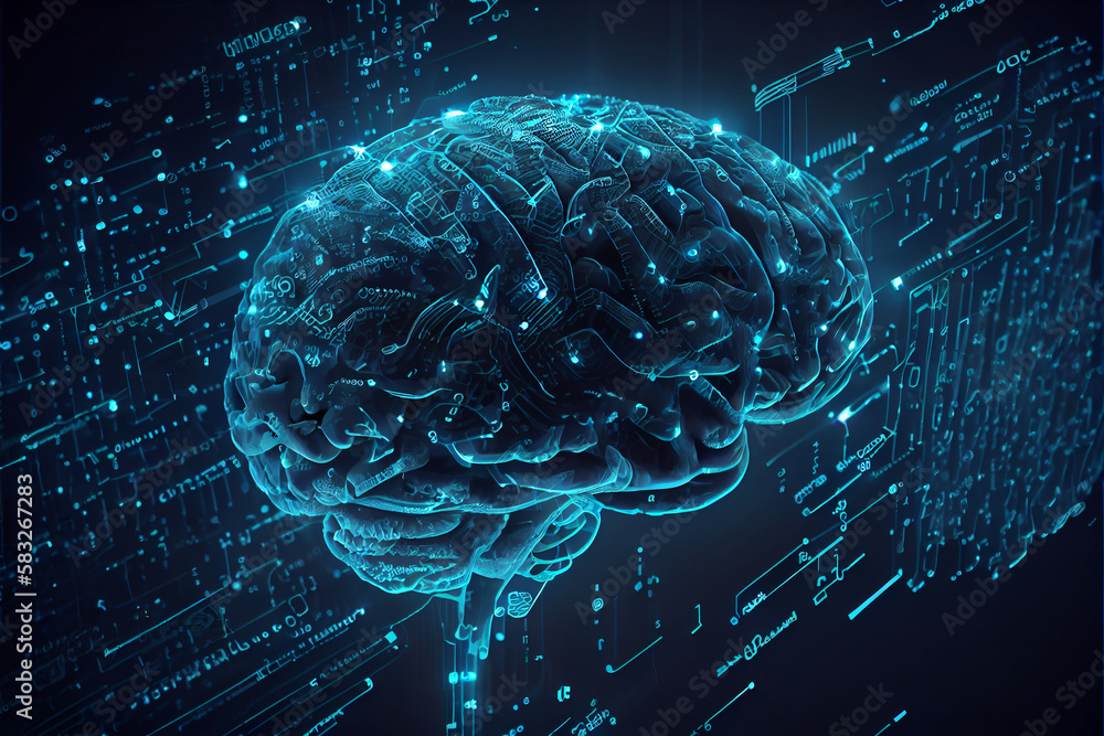 Human brain on electronic circuit board. 3D illustration of the concept ...