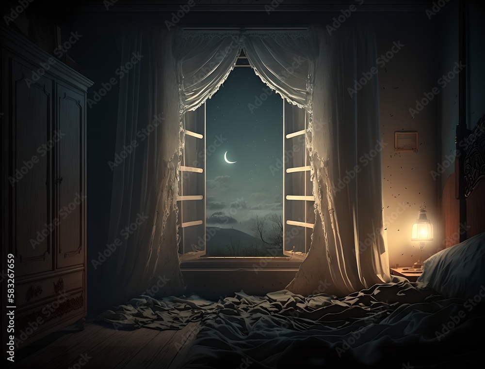 Summer night in the bedroom, bedroom interior with a window on a summer ...