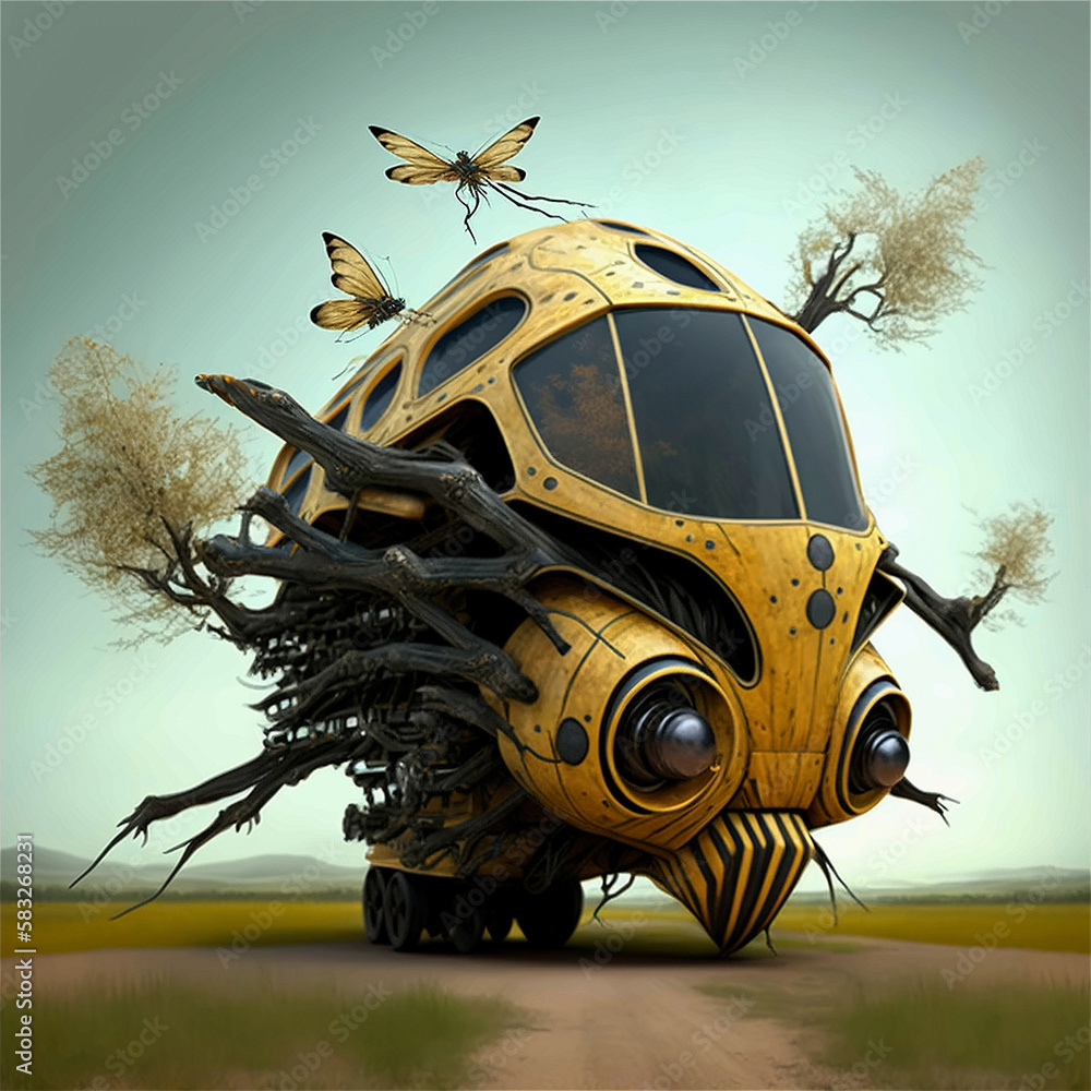 A mechanical vehicle, an illustration of a surreal bee with a ...