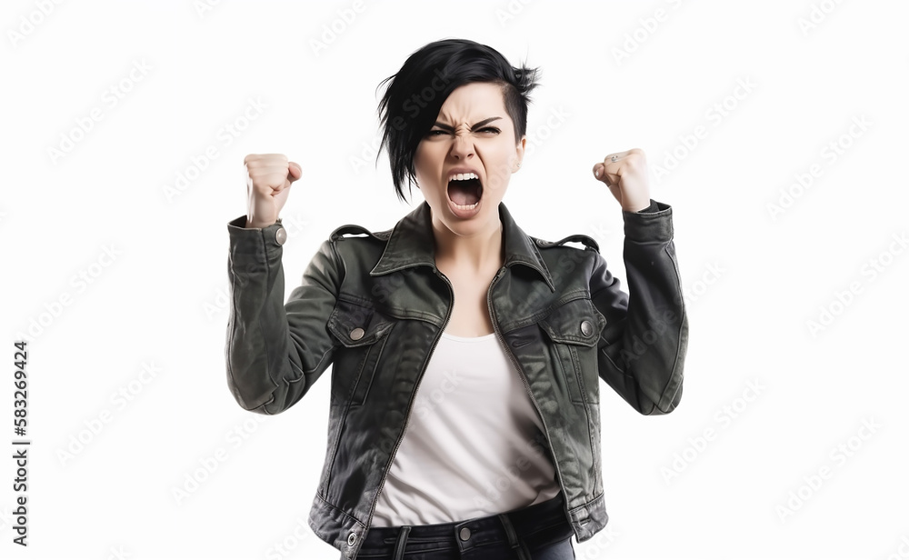 Angry woman screaming with rage, furious and dangerous, copy space ...