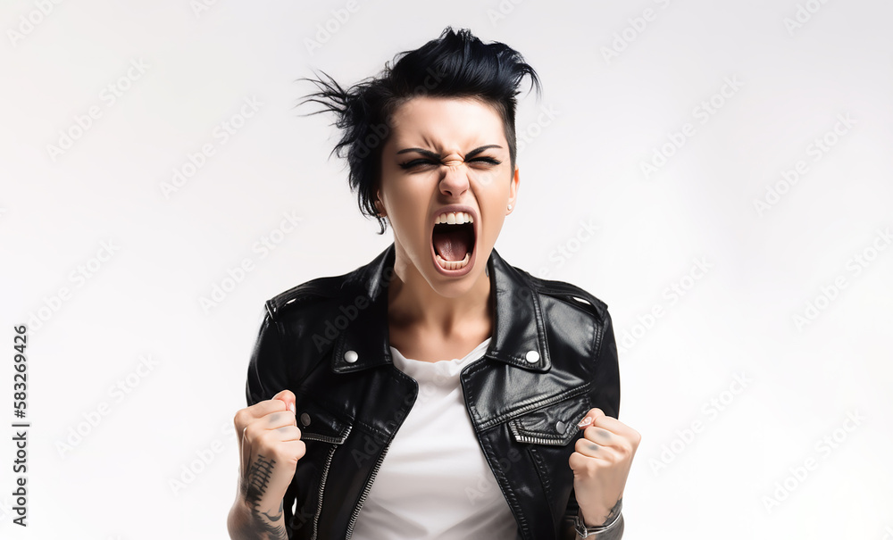 Angry woman screaming with rage, furious and dangerous, copy space ...
