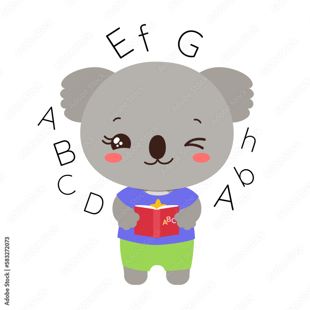 School student koala cub holding a textbook. Elementary pupil little ...