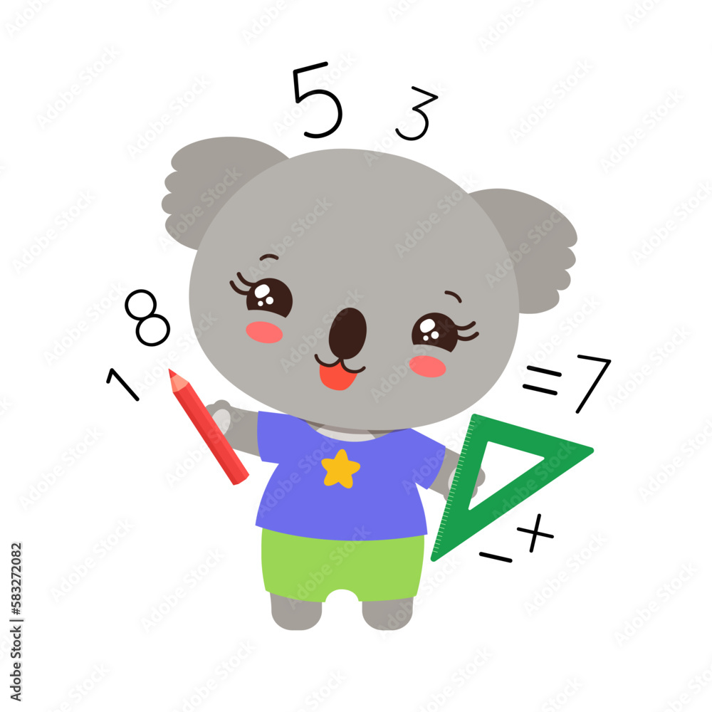 School student koala holding a pencil and ruler. Maths learning. Cute ...