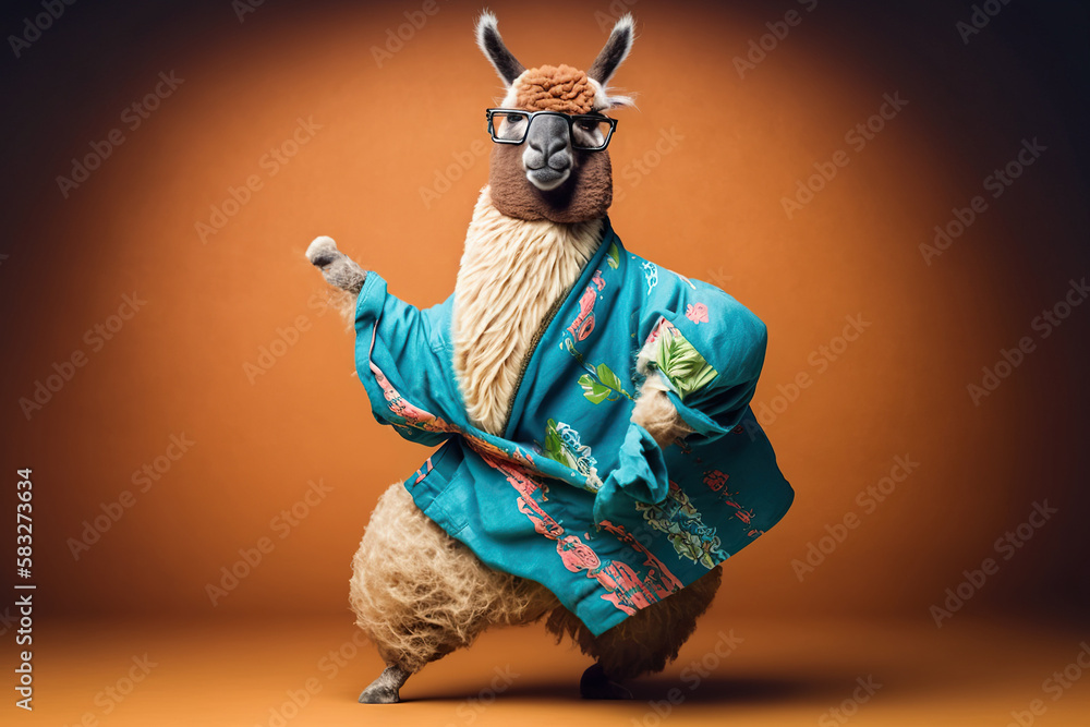 Studio portrait of lama in boho clothes doing dancing movement, created ...