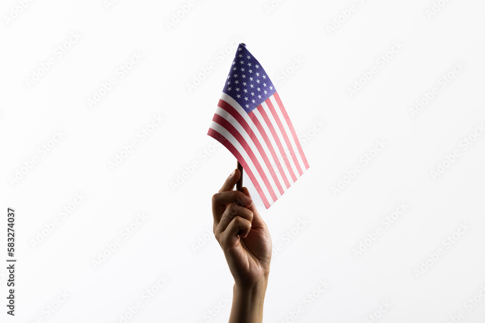 Hand holding flag pole of usa on white background with copy space Stock ...
