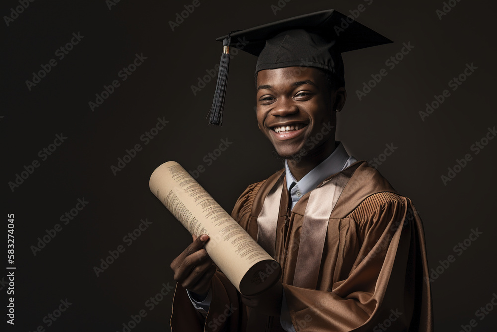 Proud and happy graduate in graduation cap and gown holdong a diploma ...