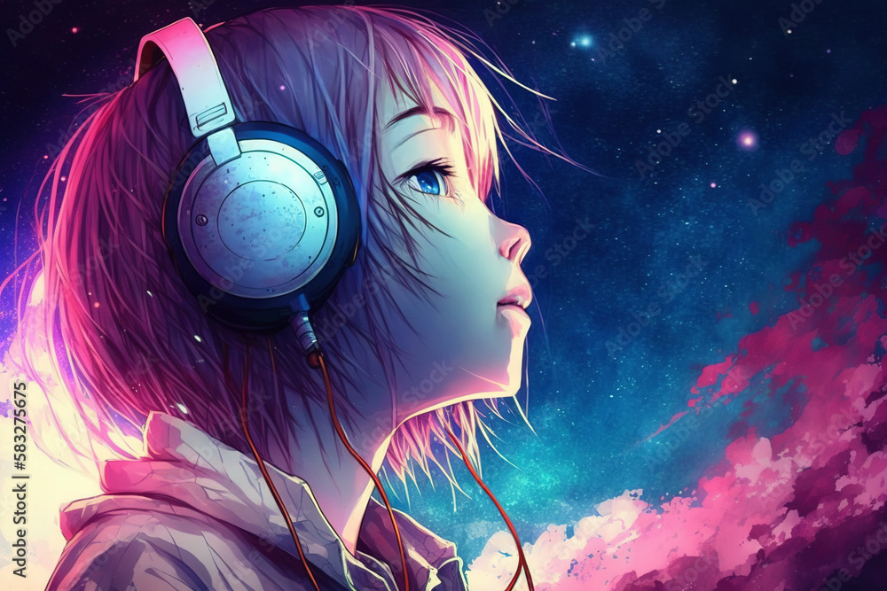 Anime girl with headphones listens music, portrait of teenager ...