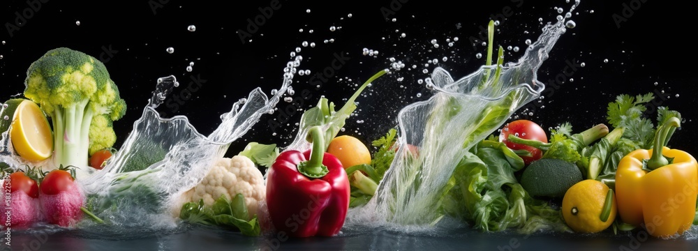 Beautiful arrangement of vegetables with water falling on them on a ...
