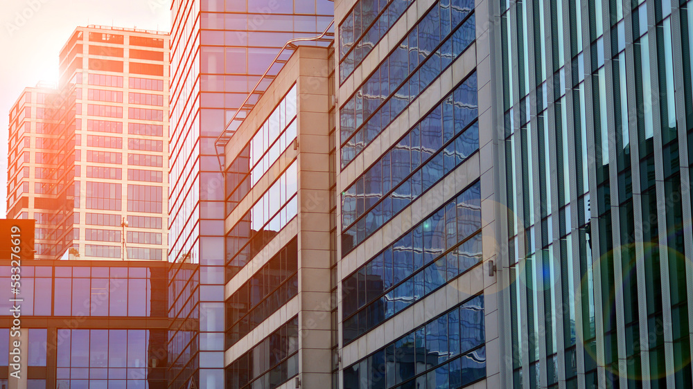 Blue background of glass commercial building, modern city of future ...