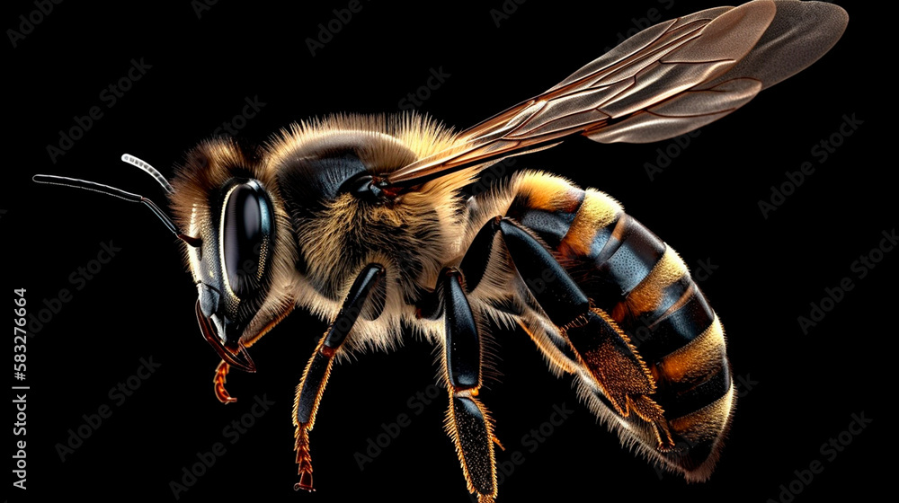 A stunning bee is flying, isolated on transparent background, macro ...