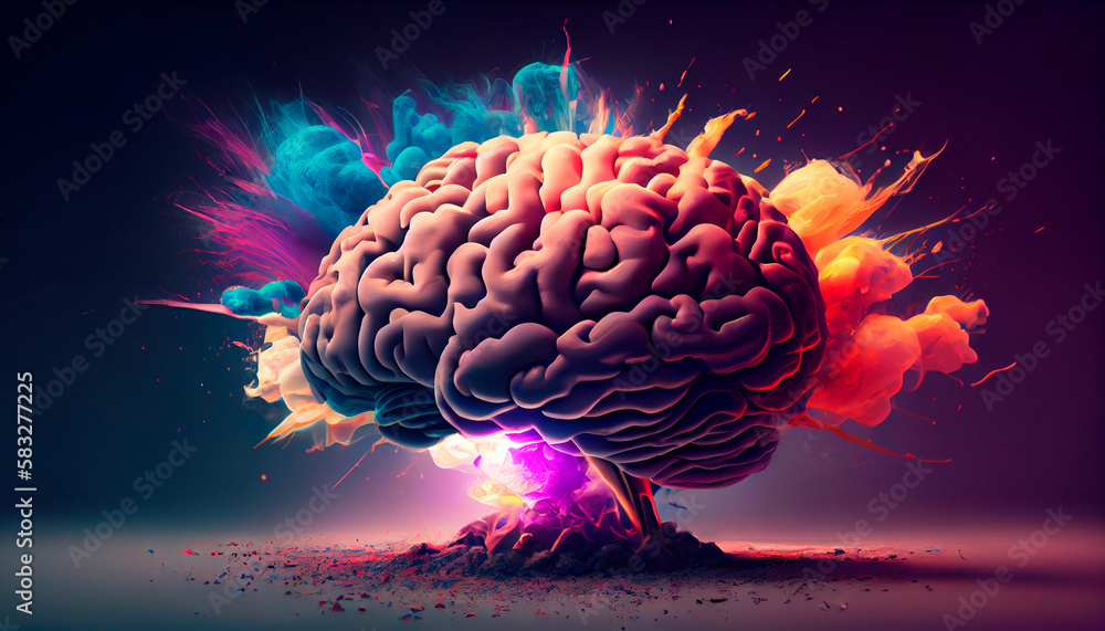 Concept art of a human brain exploding with knowledge and creativity ...