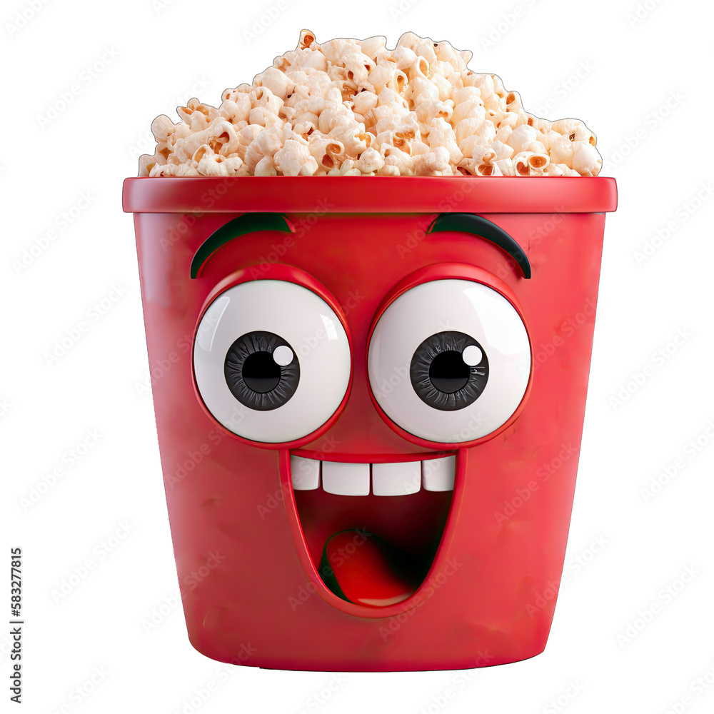 bucket of popcorn with eyes and mouth, mascot, transparent background ...