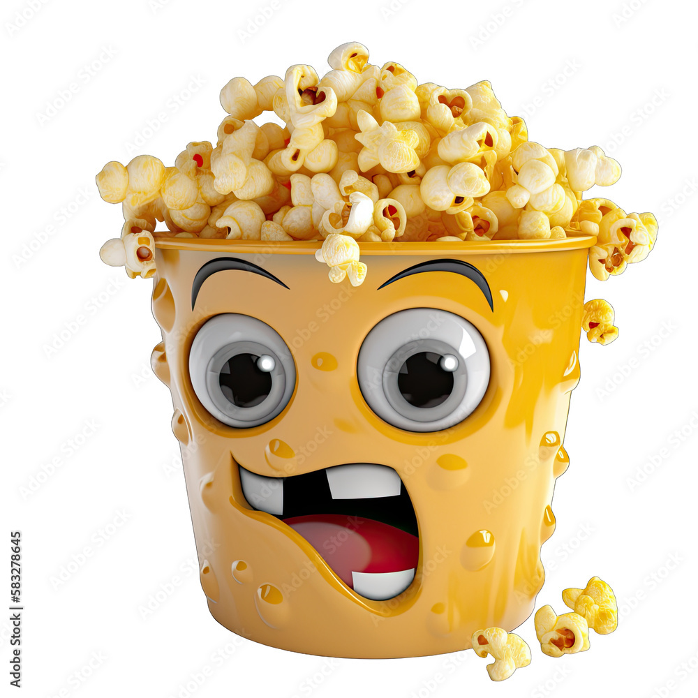 bucket of popcorn with eyes and mouth, mascot, transparent background ...