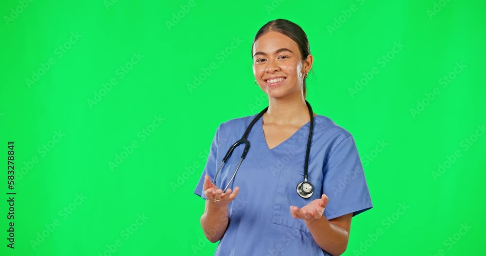 Healthcare, green screen and product placement, woman doctor, advice ...