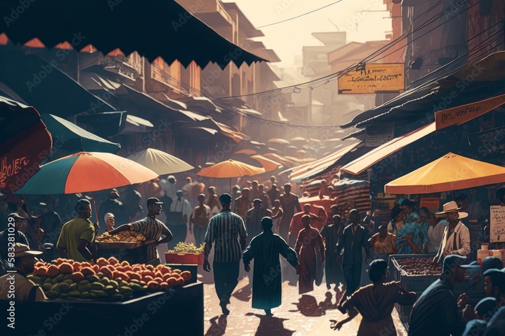 Vibrant Market Scene: Colorful Stalls & Bustling Crowds in an Exotic ...