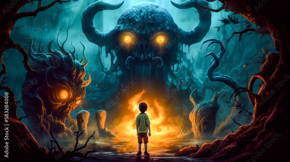 Young boy stands in front of an evil monster in dark forest. Generative ...